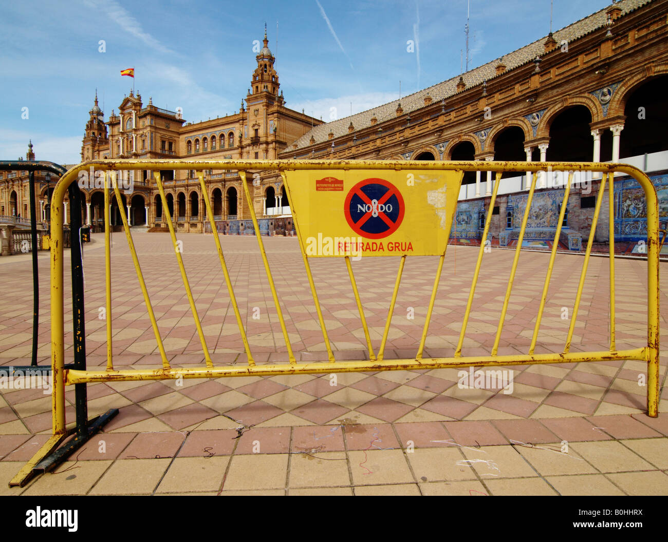 Barrier gate set up during renovations of the Palacio de Espana ...