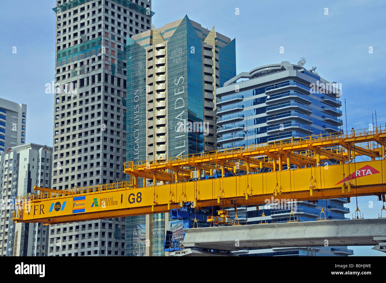 Building site of the new Dubai Metro city train in front of a high-rise ...