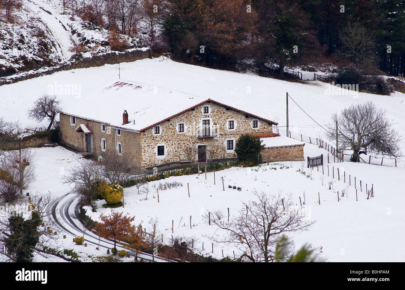 Snowed Basque Country typical country house Stock Photo - Alamy