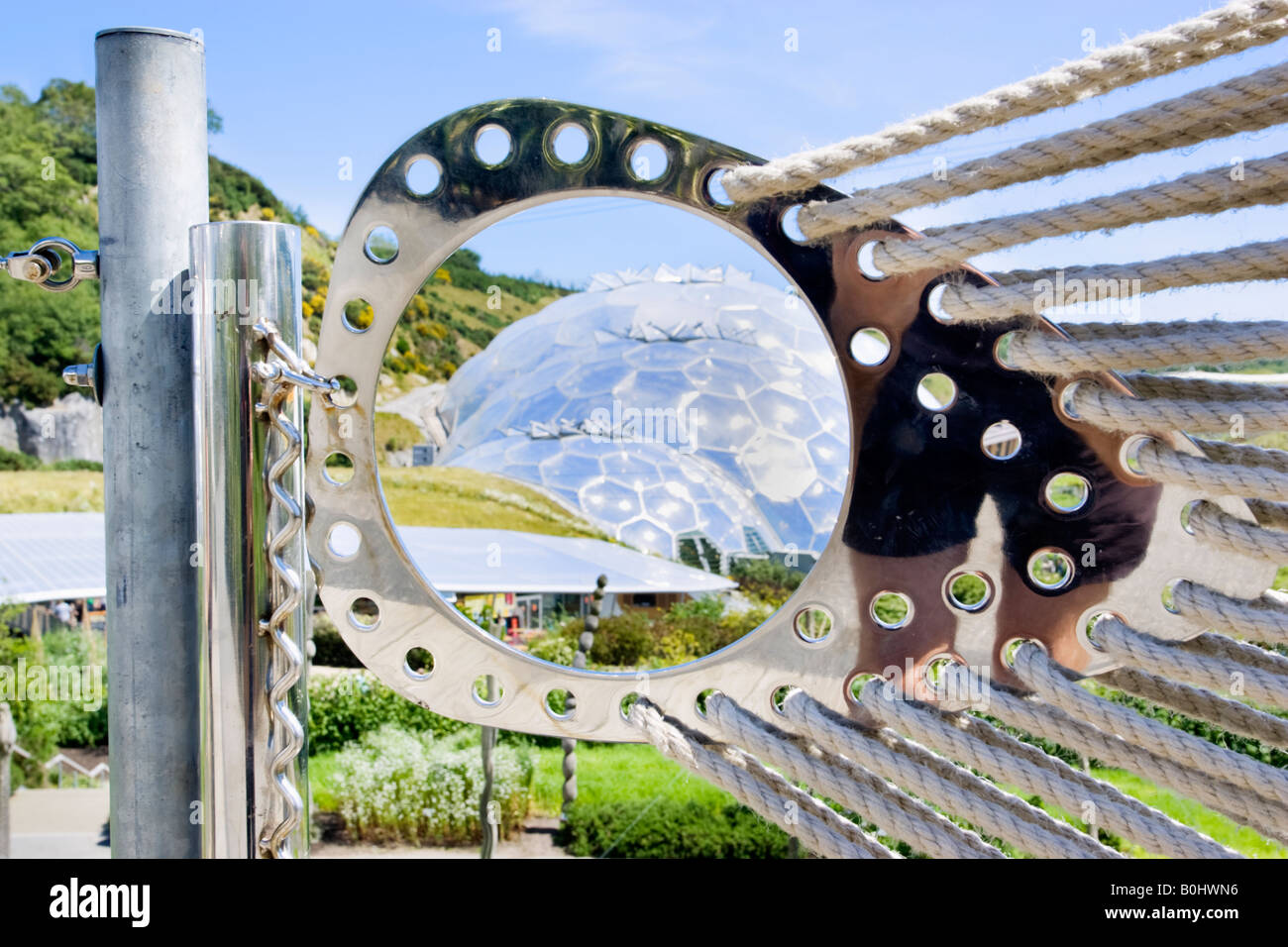 The rope fence at the Eden Project with the Mediterranean Warm ...