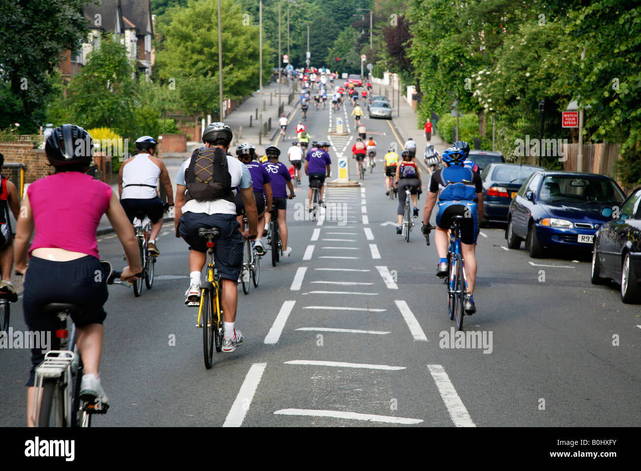 London to Brighton bike ride entrants cycling down Nightingale Lane ...