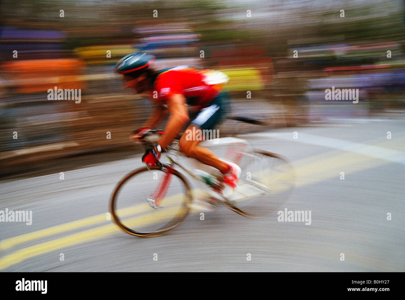 Professional bike racer in a blur of motion, Tour du Pont race, Pocono ...