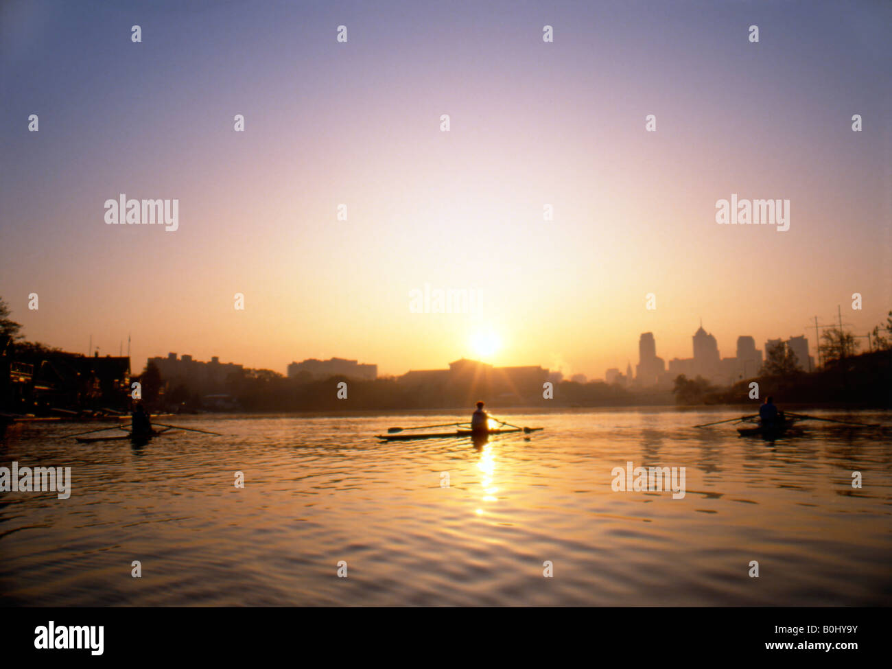 Sculling on the Schuylkill River at sunrise, Philadelphia, PA Stock ...