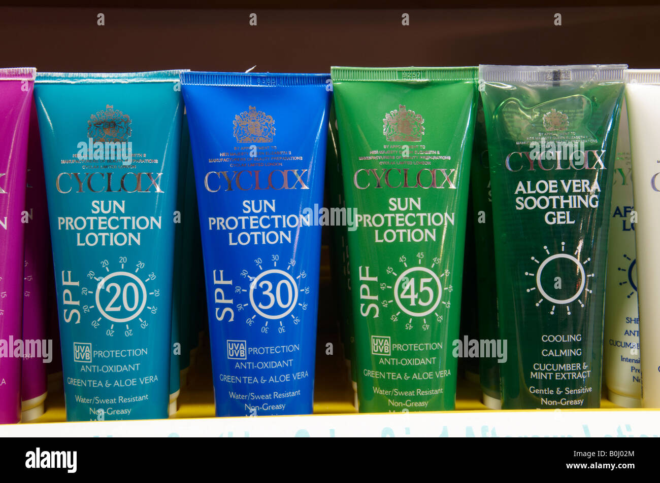 suncream on shelf in chemist pharmacy shop Stock Photo - Alamy