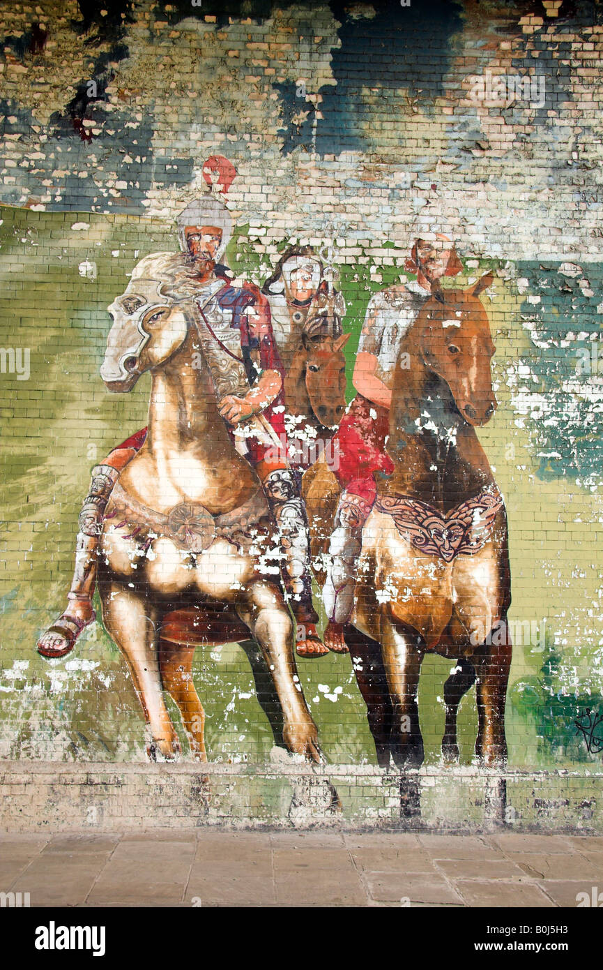 Painted mural of soldiers on a wall, Beaufort Street, Castlefield ...