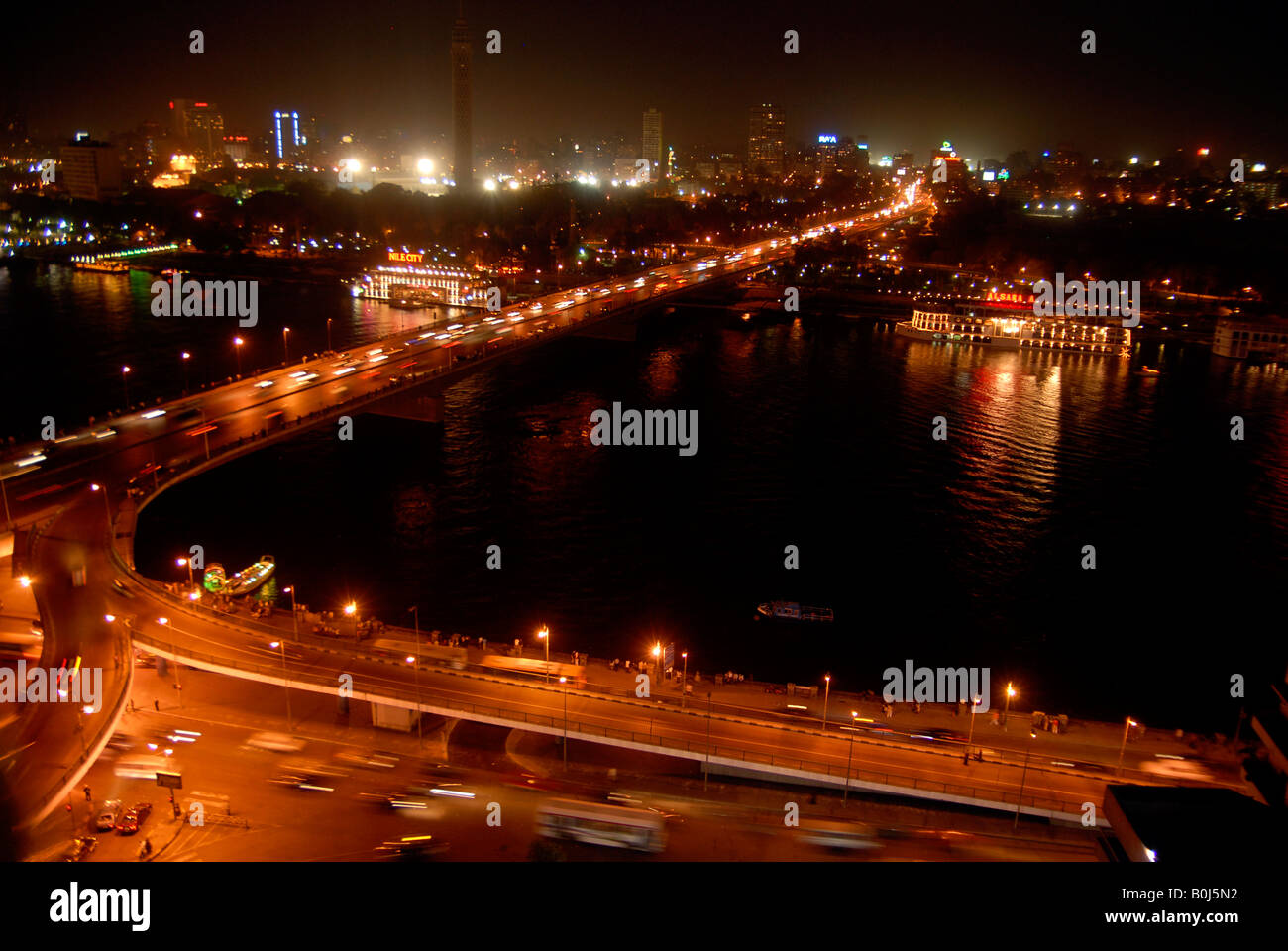 View by night of traffic in central Cairo and the River Nile Egypt ...