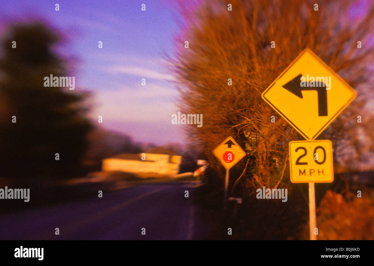 highway directional warning signs left turn stop sign 20 mph Stock ...