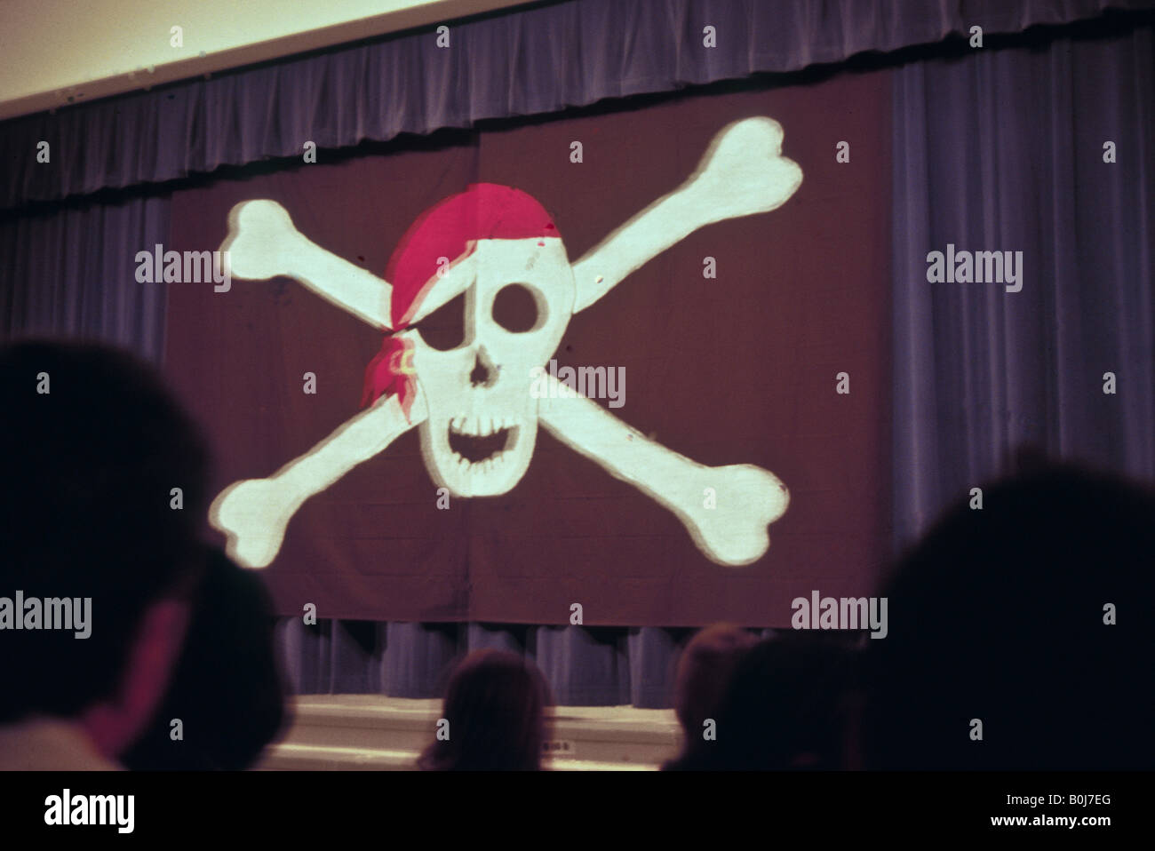 pirate skull and cross bones on school auditorium stage curtain Stock ...