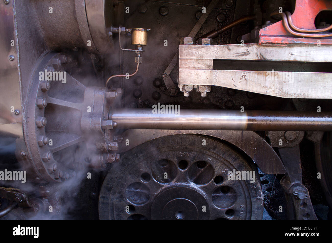 Cylinder and linkages on a steam engine (locomotive) on the Bluebell ...