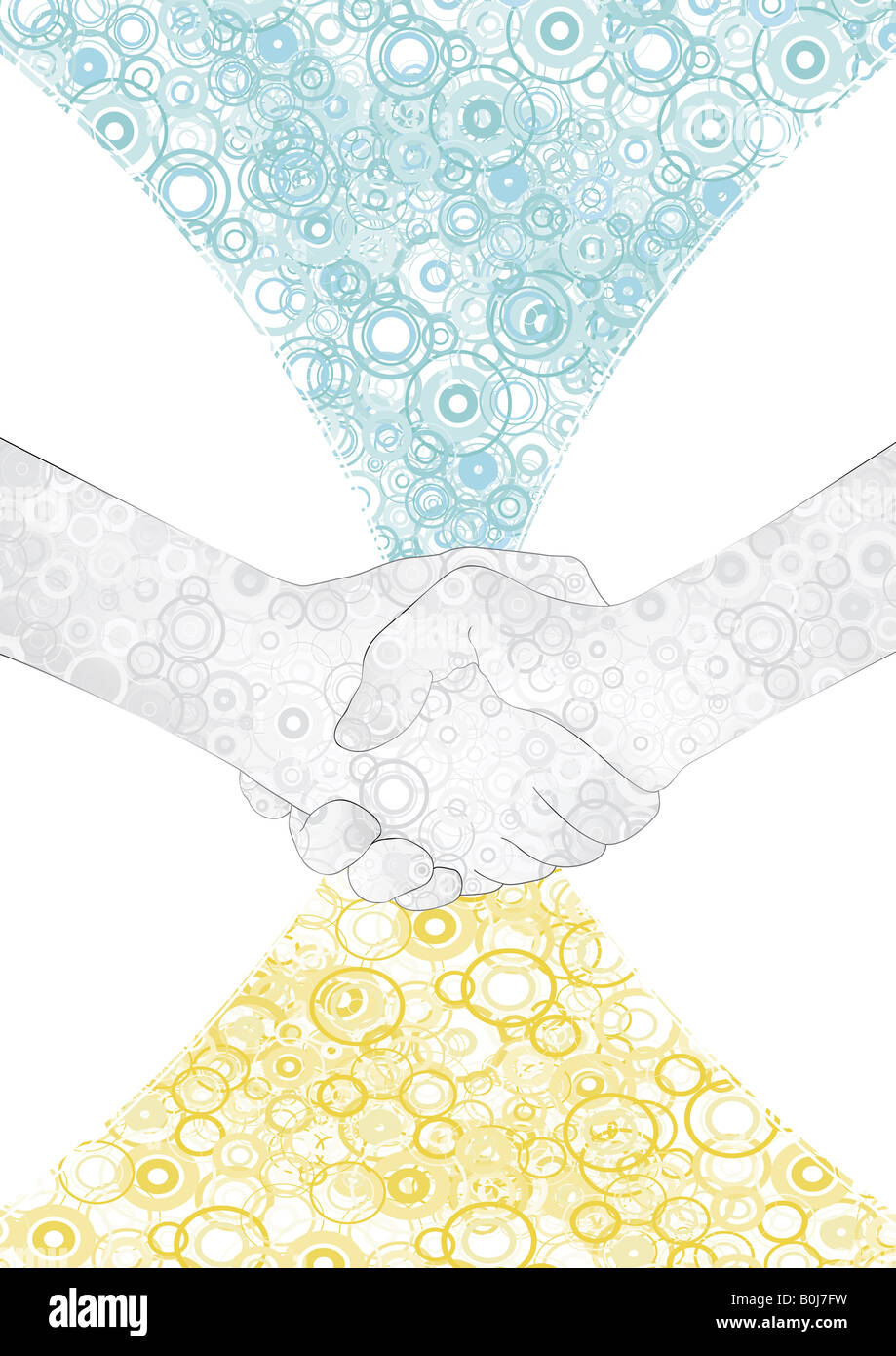 Vector illustration of two hands shaking with modern colorful circles ...
