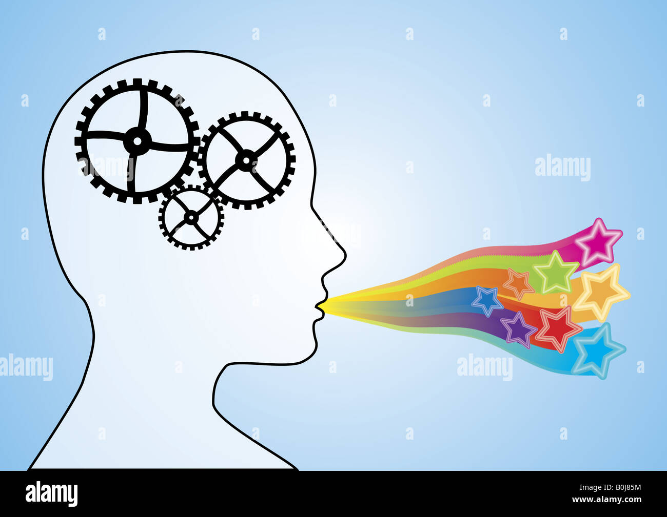 Concept illustration depicting cogs working in the brain with the mouth ...