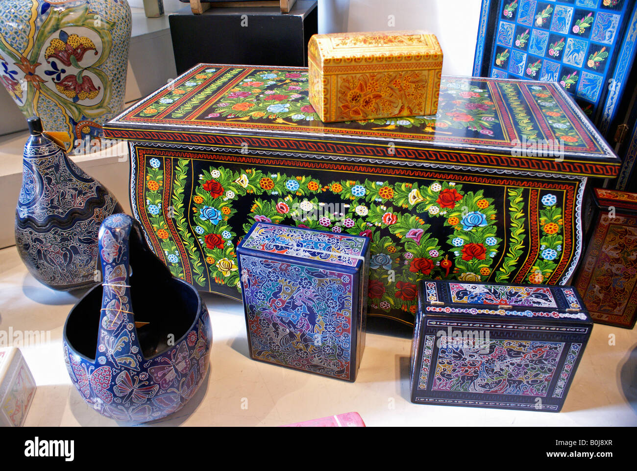 Lacquerware chest, boxes and gourds from the town of Olinala, Guerrero ...