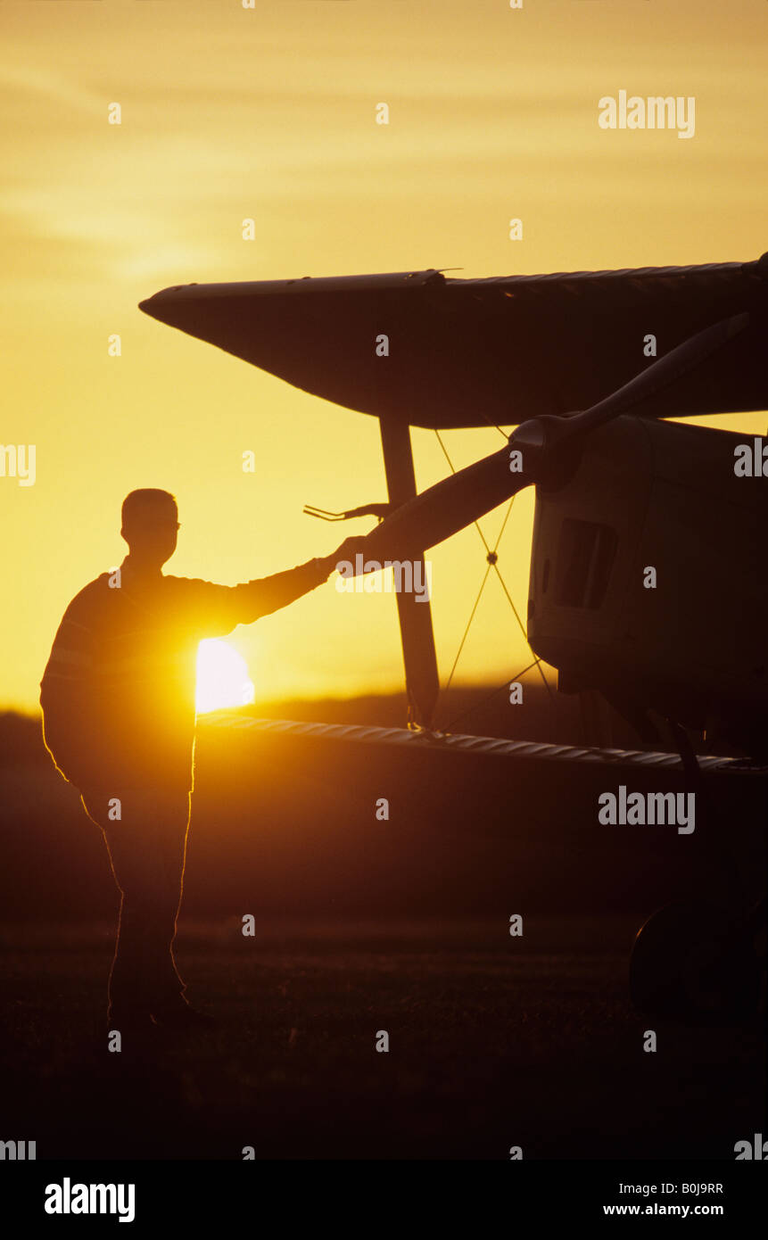 Pilot near an old trainer biplane De Havilland DH 82c Tiger Moth on ...
