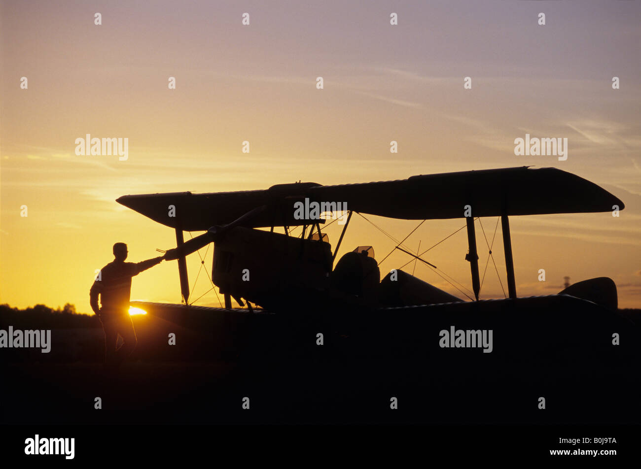 Pilot near an old trainer biplane De Havilland DH 82c Tiger Moth on ...