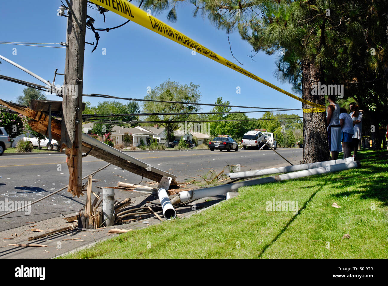 Destroyed power pole after an SUV crashed through it Stock Photo - Alamy