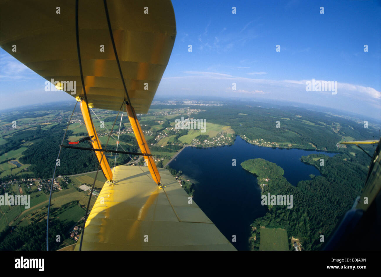Inside cockpit view in flight of an old British trainer biplane De ...