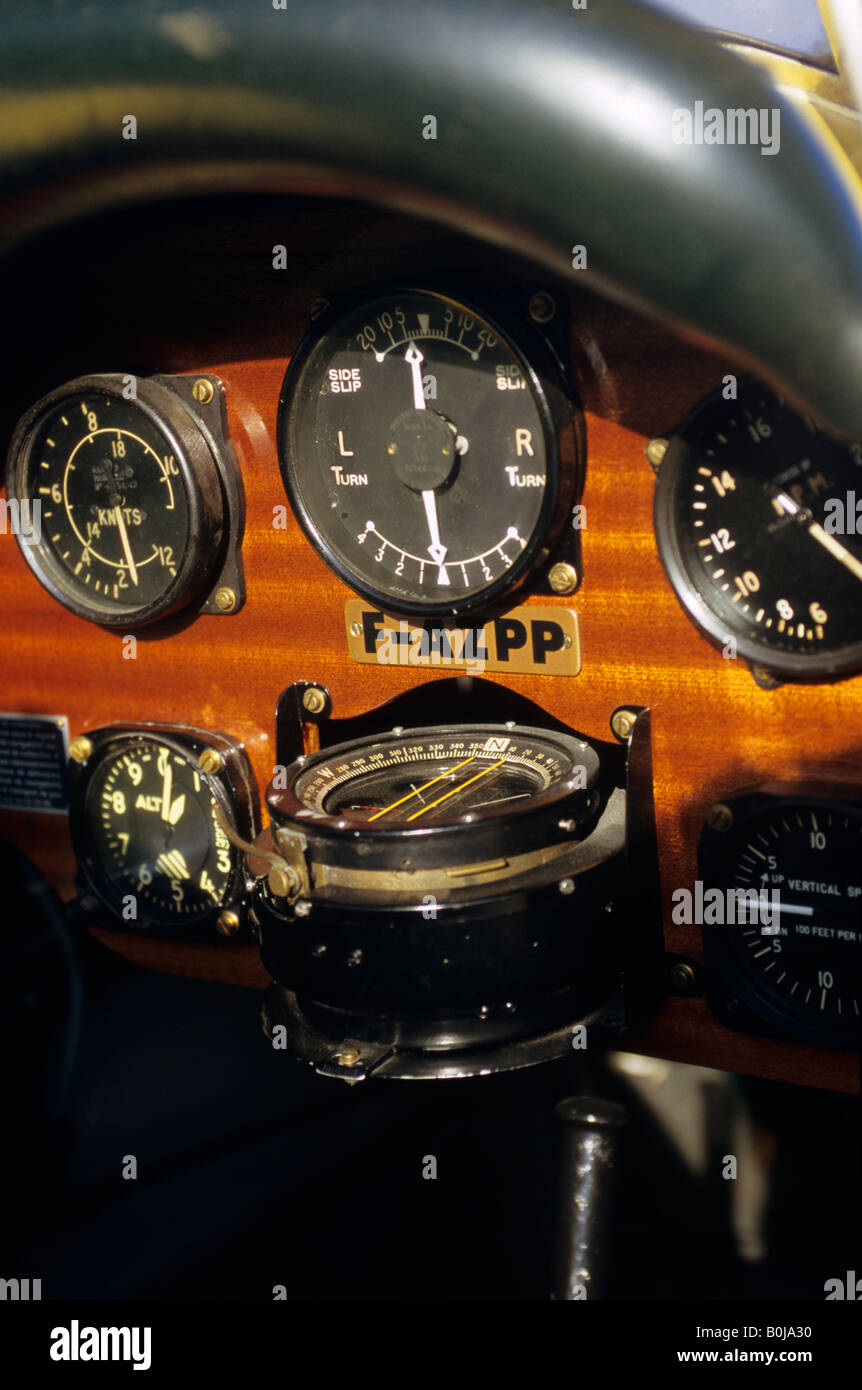 Instruments panel on an old trainer biplane De Havilland DH 82c Tiger ...
