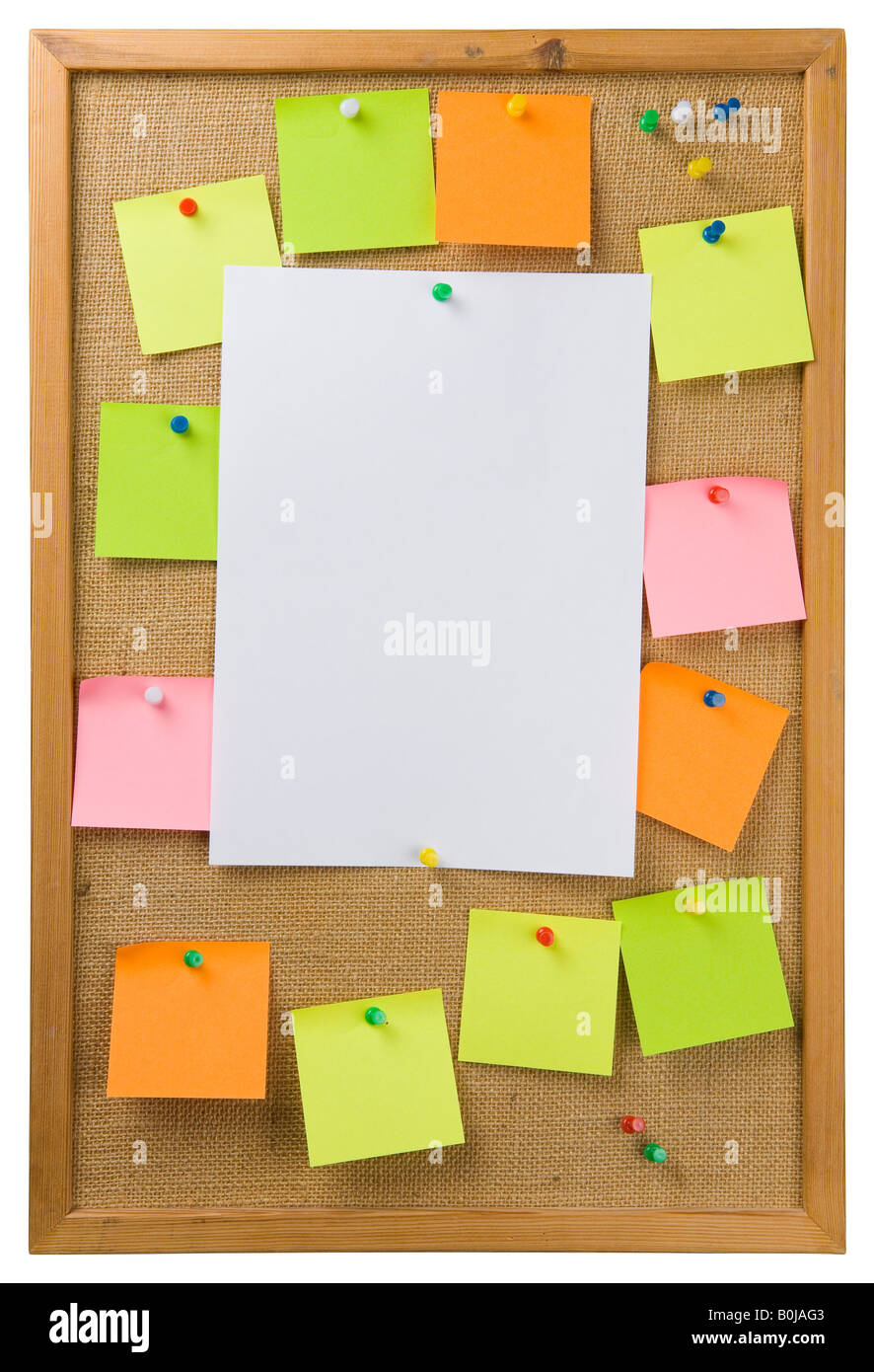 Sticky notes and sheet of paper attached to a noticeboard Stock Photo ...