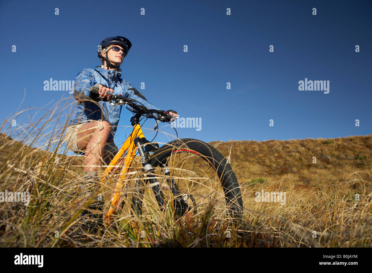 Woman riding bicycle in field Stock Photo - Alamy