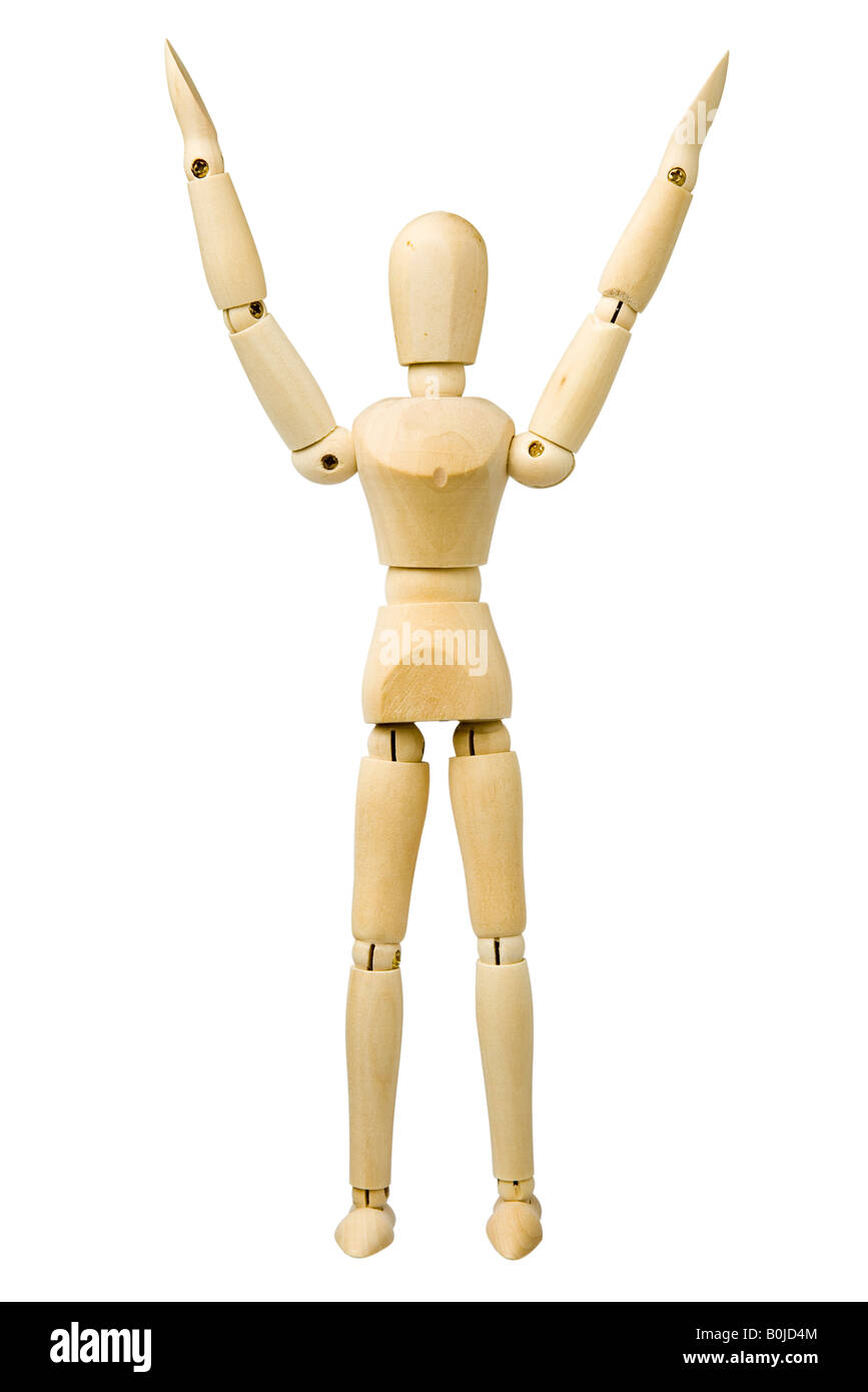 Wooden model dummy hands up Isolated on a white background Stock Photo ...