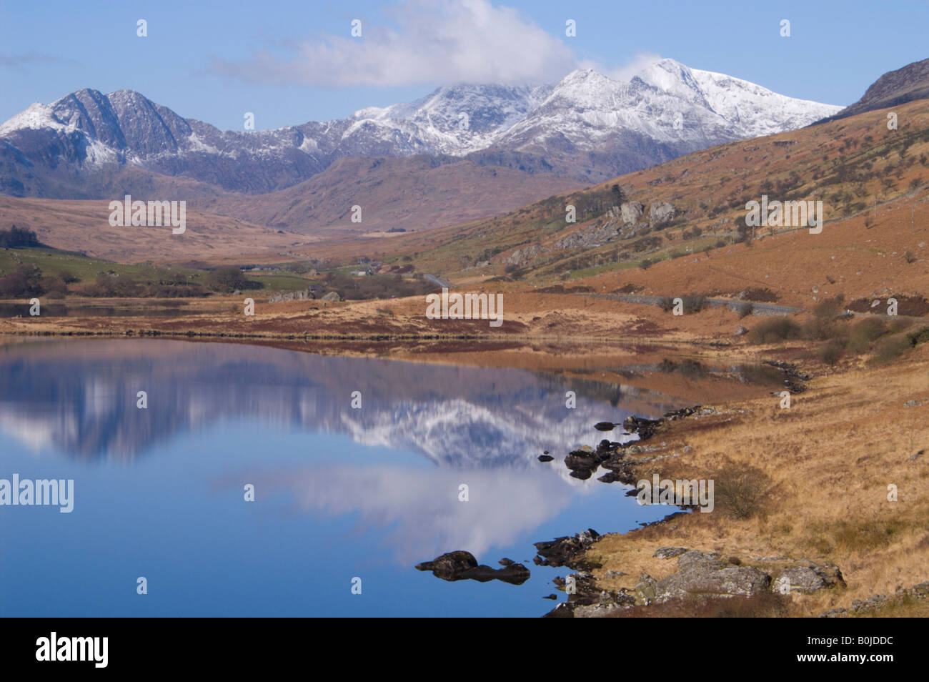Reflection in lake near Capel Curig, Snowdonia National Park, North ...