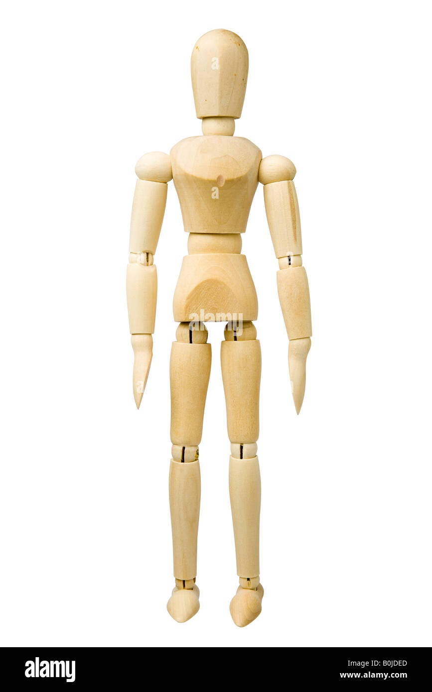 Wooden model dummy in standing position Isolated on a white background ...