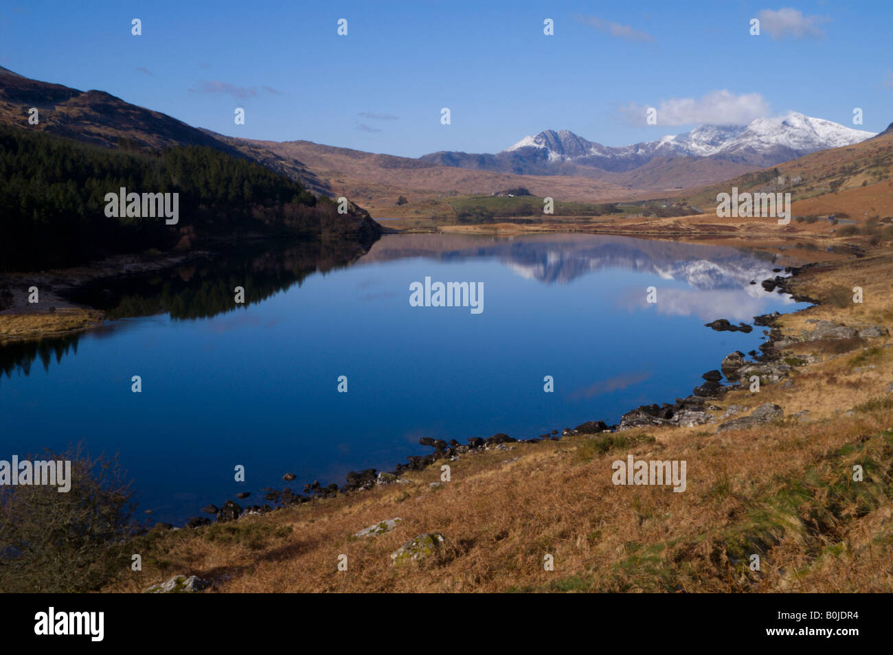 Reflection in lake near Capel Curig, Snowdonia National Park, North ...