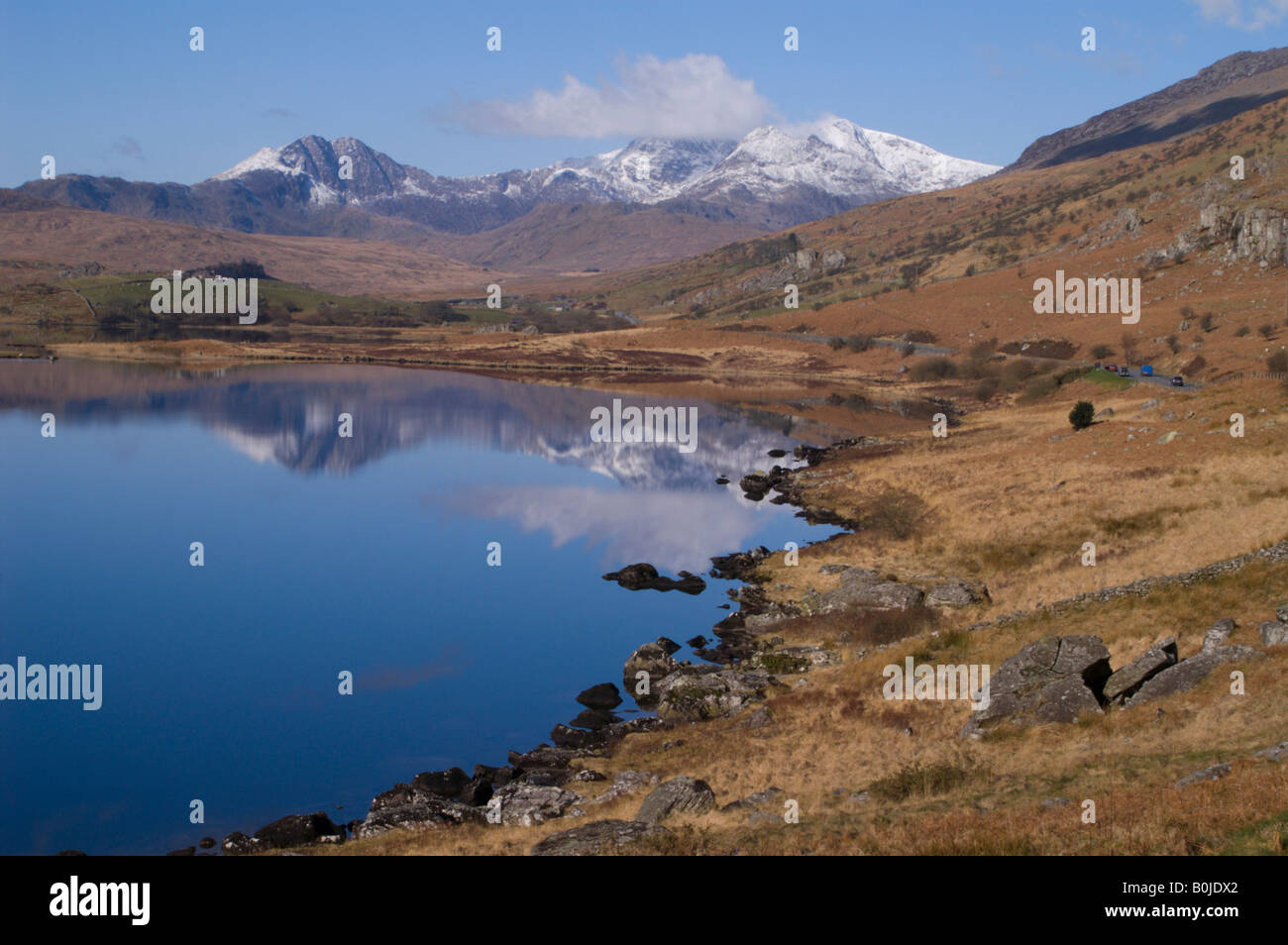 Reflection in lake near Capel Curig, Snowdonia National Park, North ...