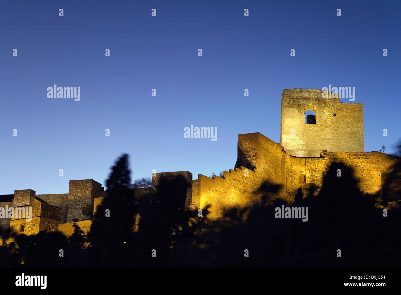 Malaga City, Spain, Europe. Alcazaba palace fortress Illuminated at ...
