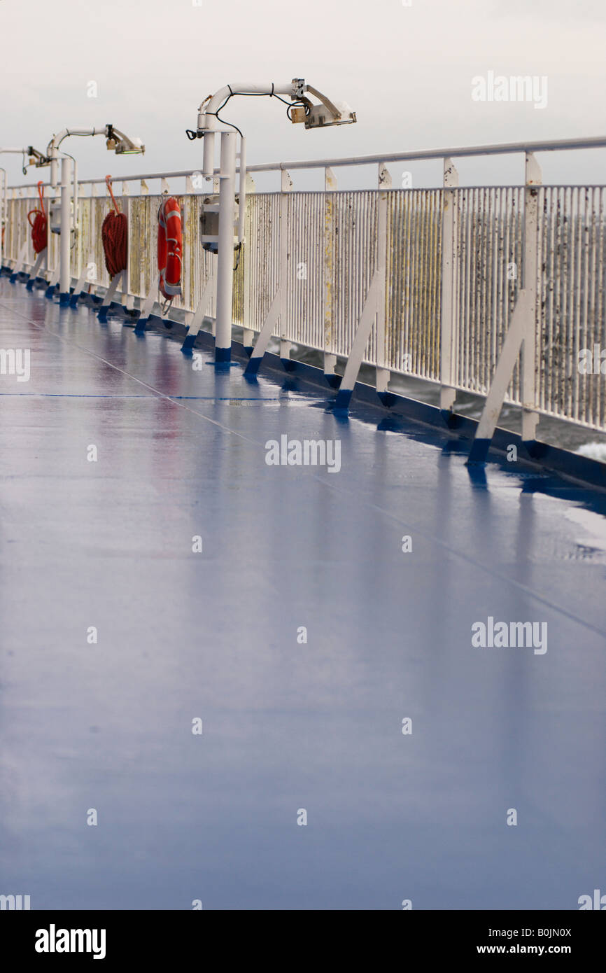 Floodlight, railing and wet slippery deck on onboard TallinkSilja ...