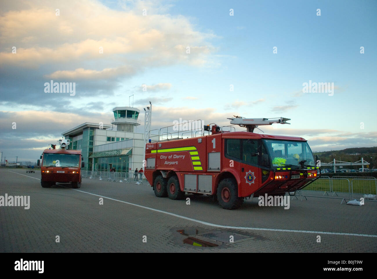 City of Derry Airport Northern Ireland Fire engines stand by as an ...
