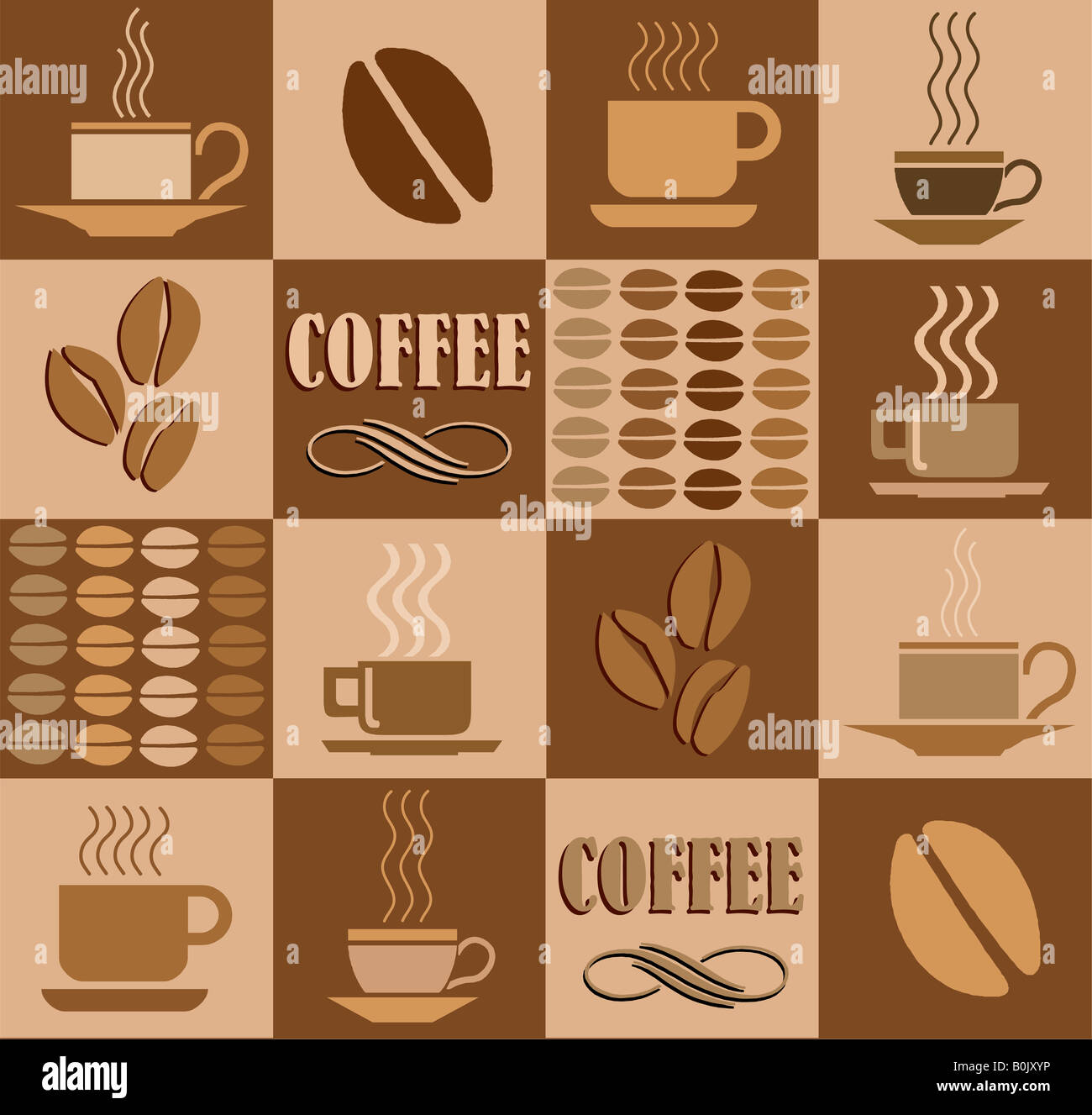 Coffee related square illustration with stylized cups and coffee beans ...