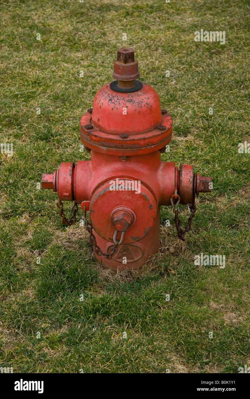 A red fire hydrant sitting in a grass field Stock Photo - Alamy