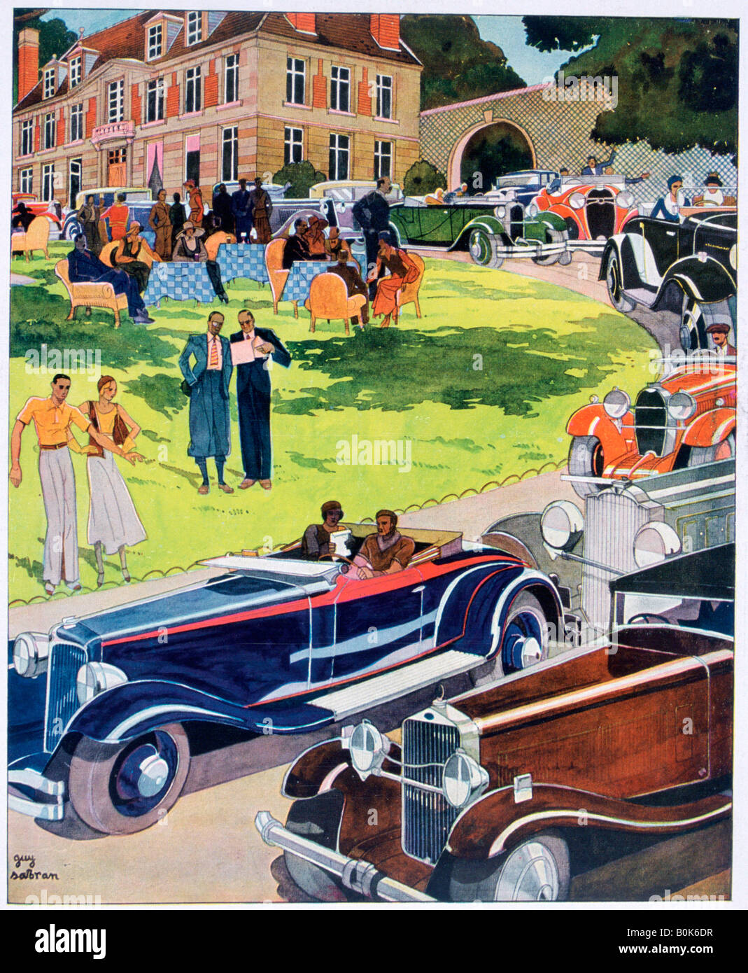 The departure of an automobile rally, 1931. Artist: Guy Sabran Stock ...