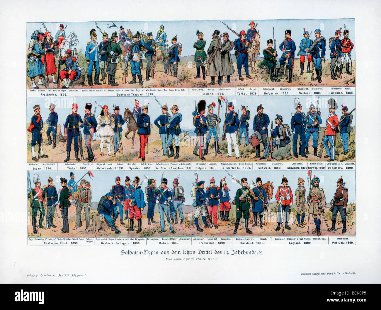Types of soldiers from the end of the 19th century, 1900.Artist ...