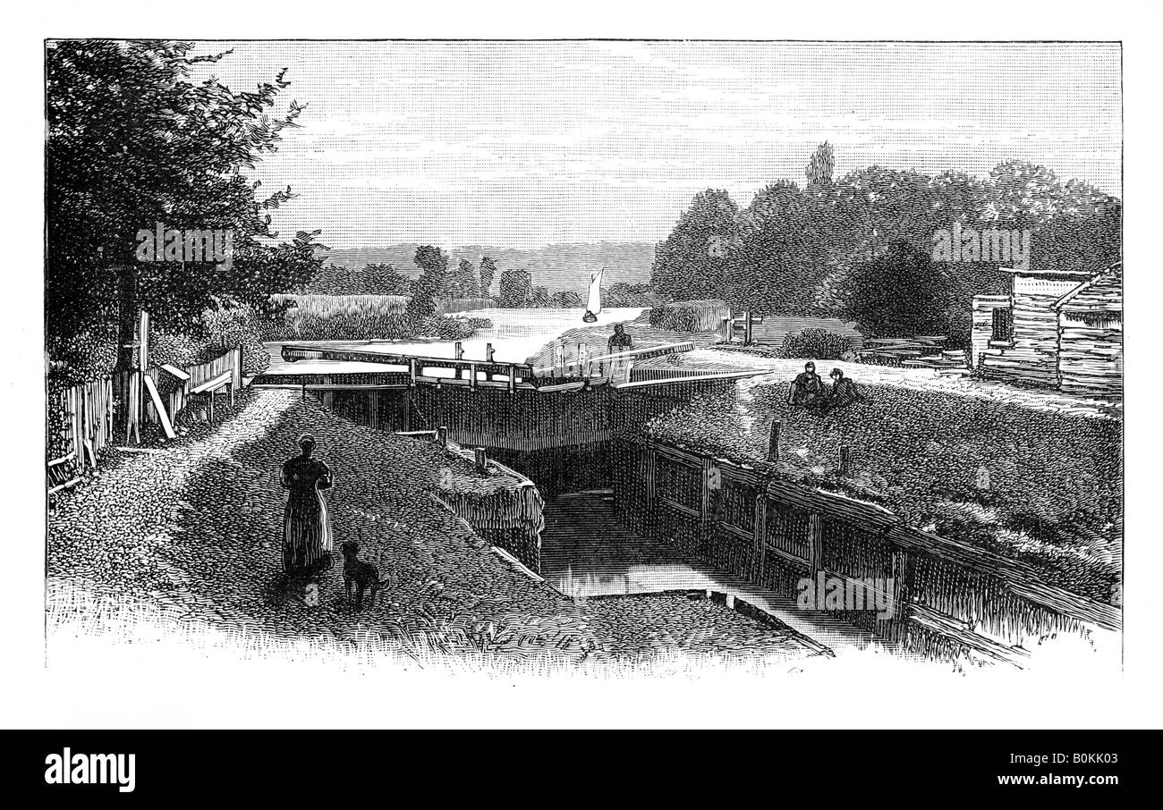 Old Windsor Lock, River Thames, Berkshire, c1888. Artist: Unknown Stock ...