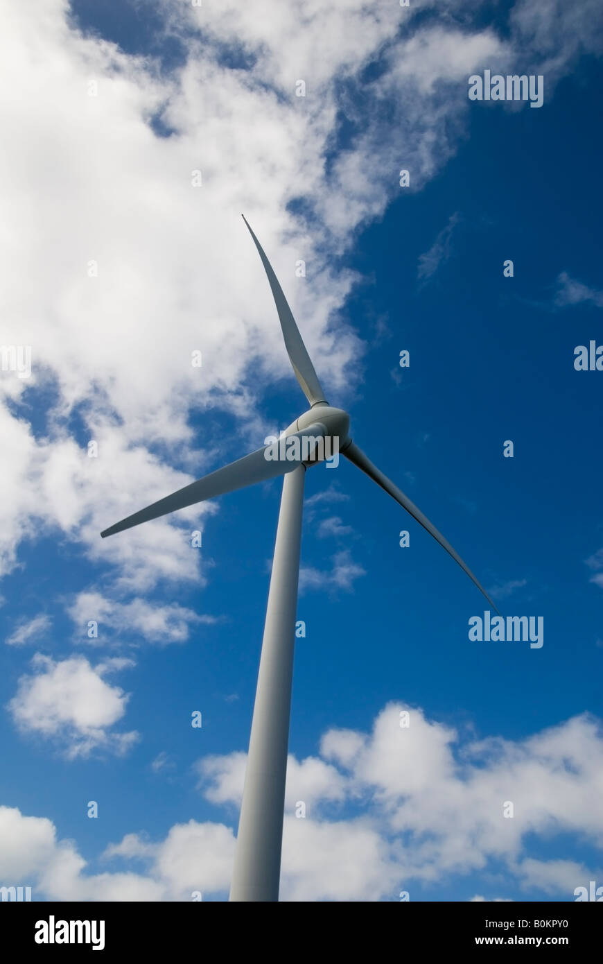 Detail of a three bladed wind turbine, one of the wind turbines near ...
