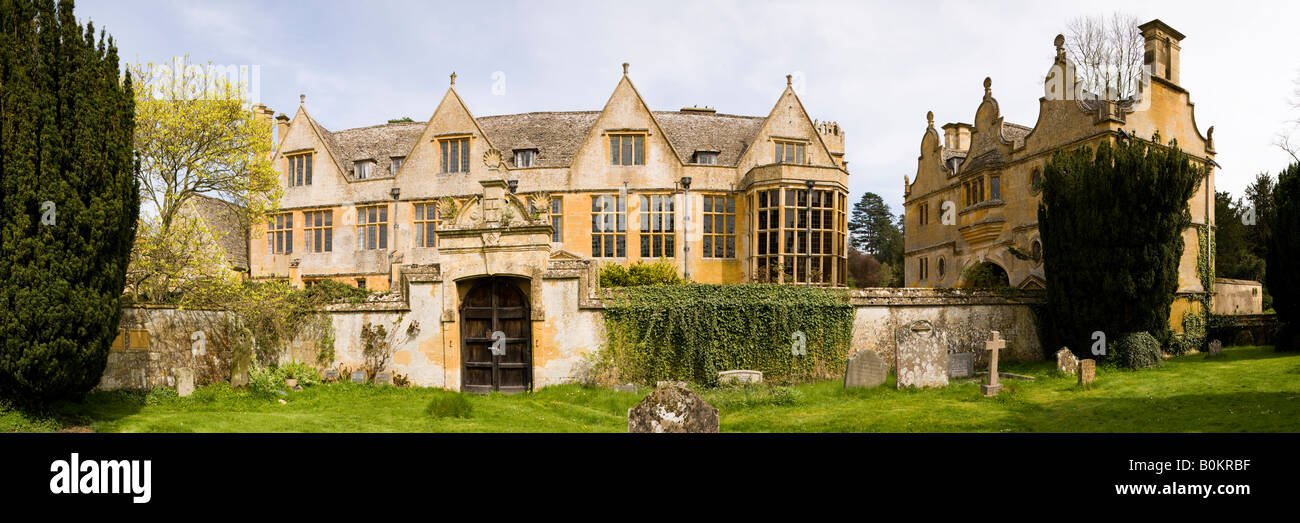 Stanway House and Gatehouse from the churchyard in the Cotswold village ...