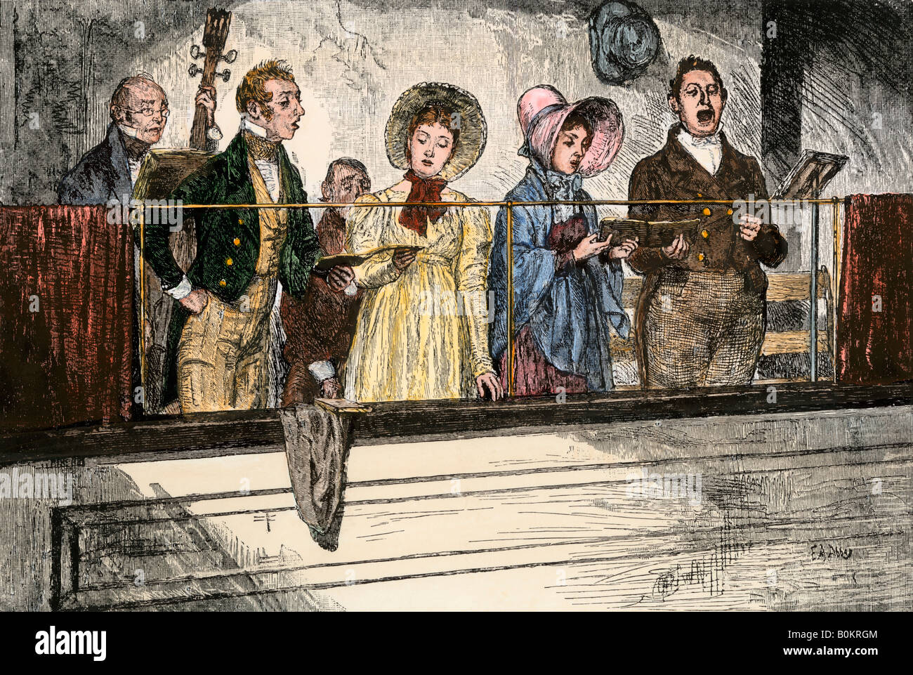 Old-time church choir singing. Hand-colored woodcut of an E. A. Abbey ...