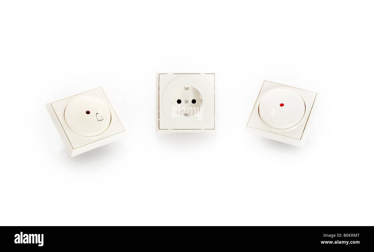 power switch power plug and door bell isolated on white Stock Photo - Alamy