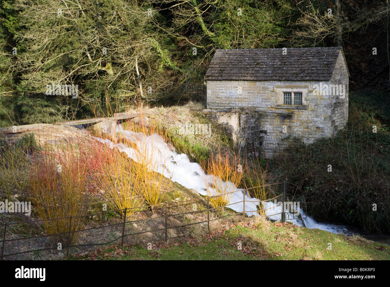 The overflow from the lake and the generating house at Colesbourne Park ...