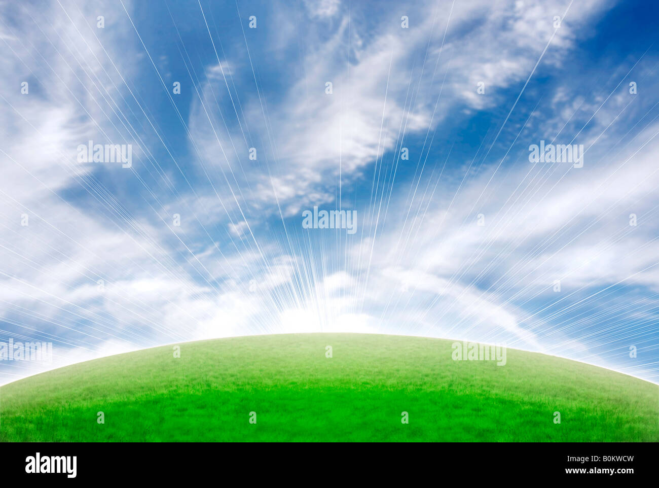 Beautiful sceneric background with green hill and blue cloudy sky Sun ...