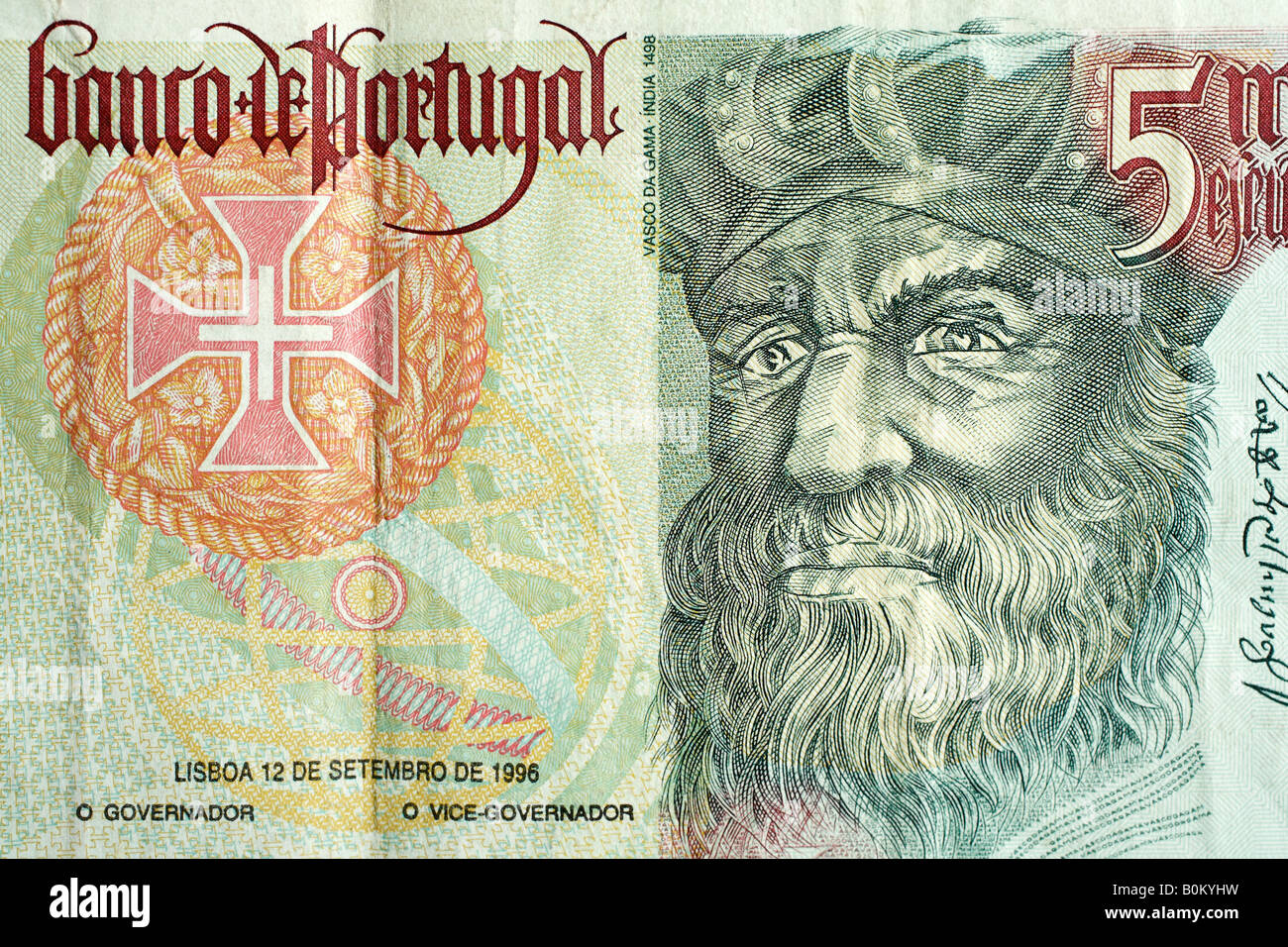 The face of Portuguese navigator Vasco da Gama painted on 5000 escudo ...