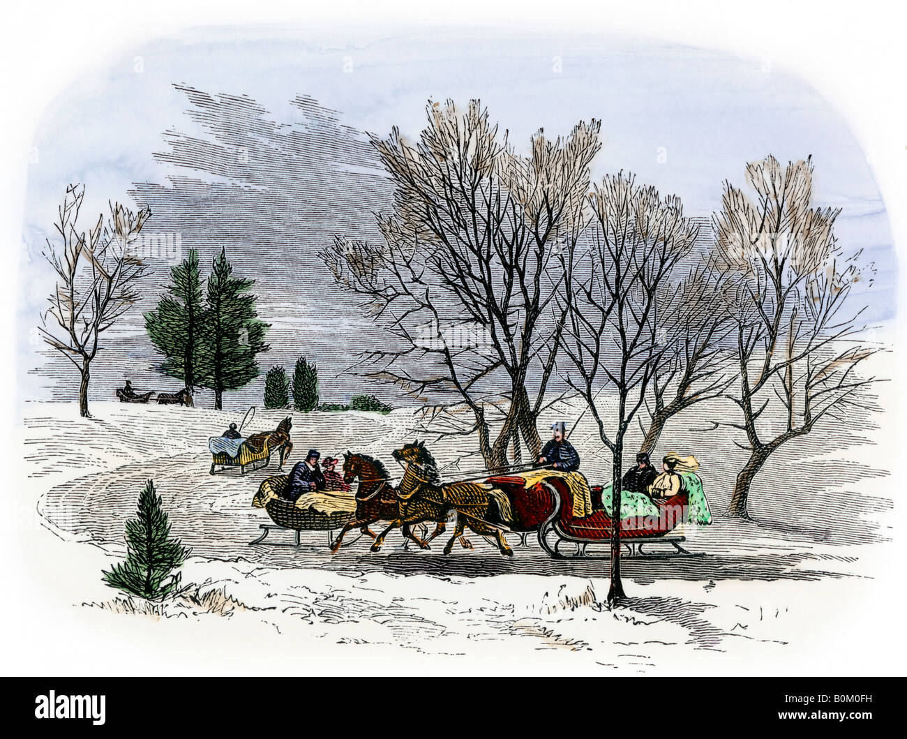 Sleighs traveling on a road in winter 1800s. Hand-colored woodcut Stock ...