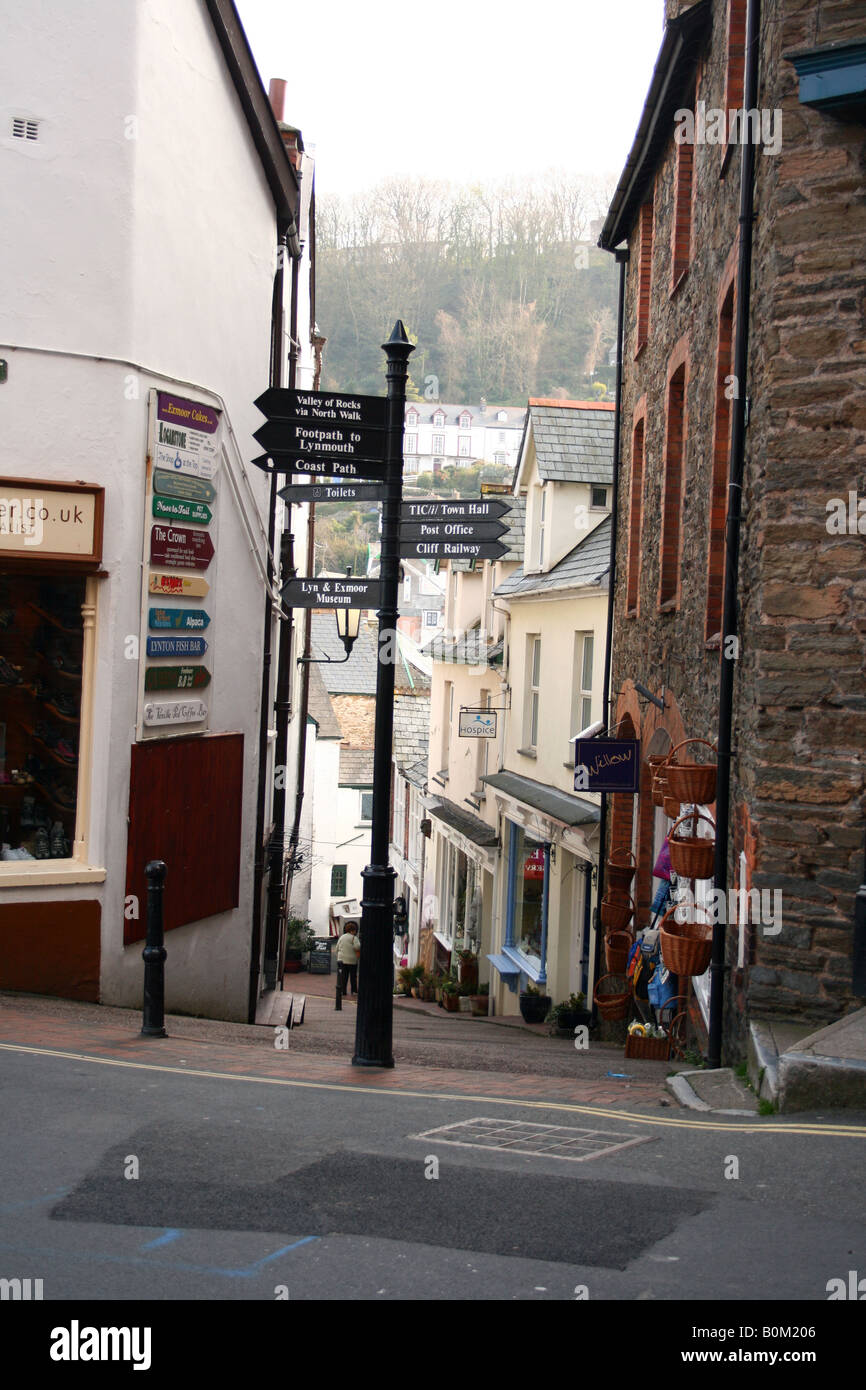 Street Location Signs and Side Road in Lynton Town Centre, Devon Stock ...