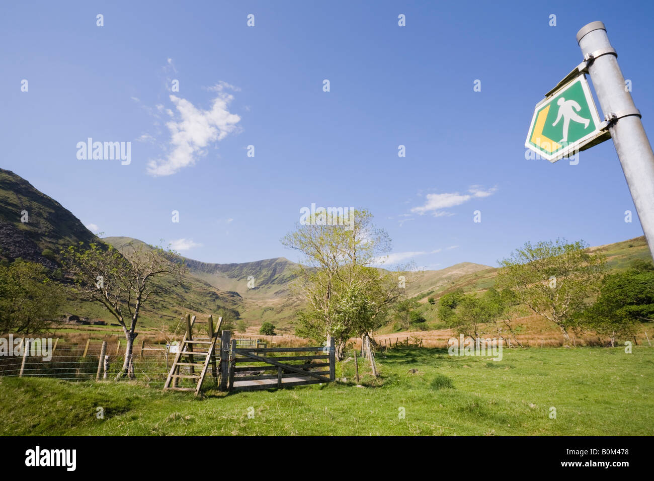 Footpath sign in Cwm Pennant valley with Nantlle Ridge mountains beyond ...