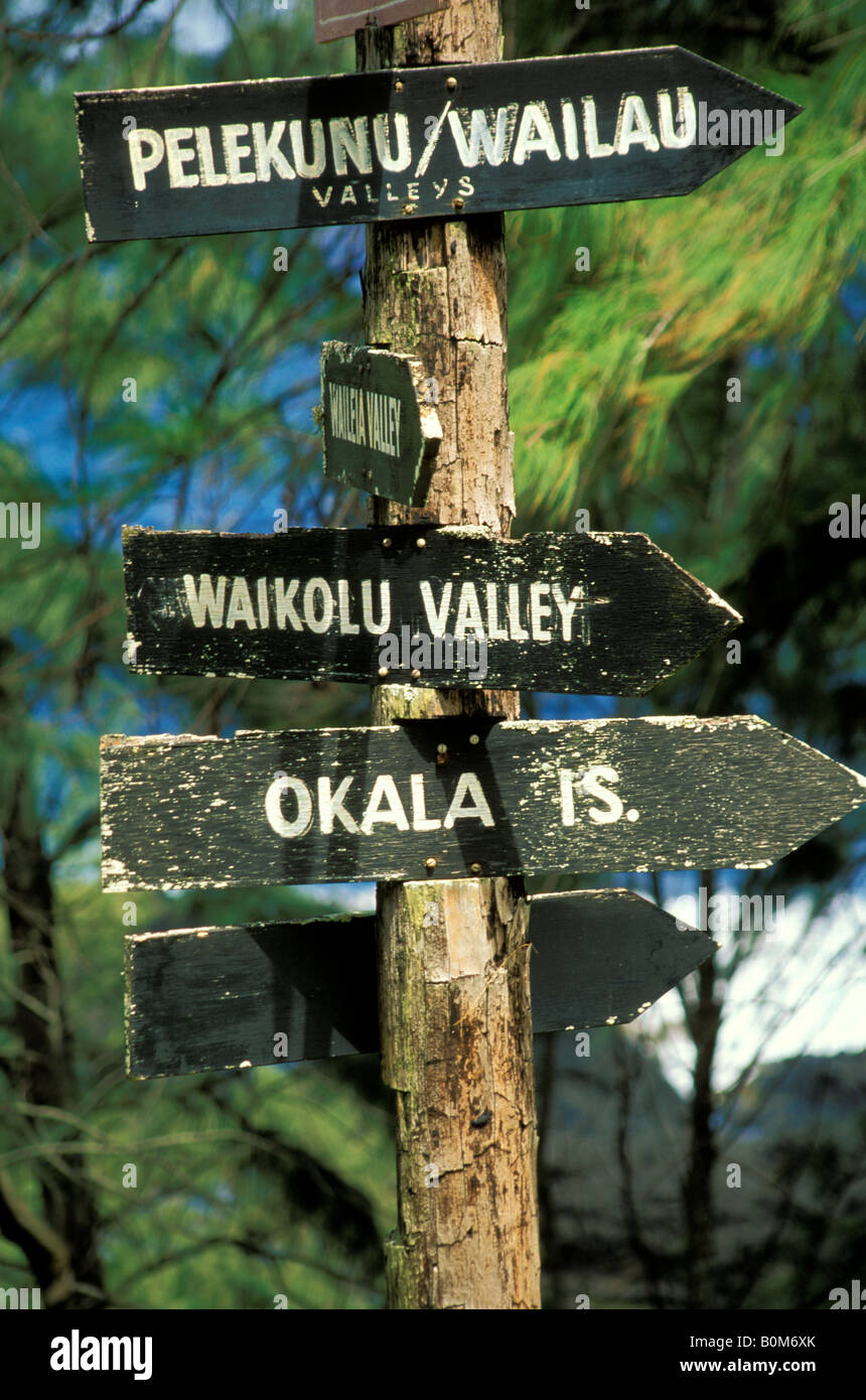 Molokai Hawaiii Kalaupapa National Park wood carved directional sign on ...