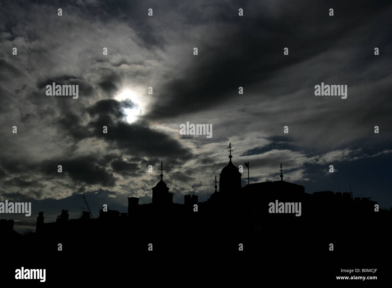 City of London, England. Silhouetted rooftop view of Her Majesty's ...