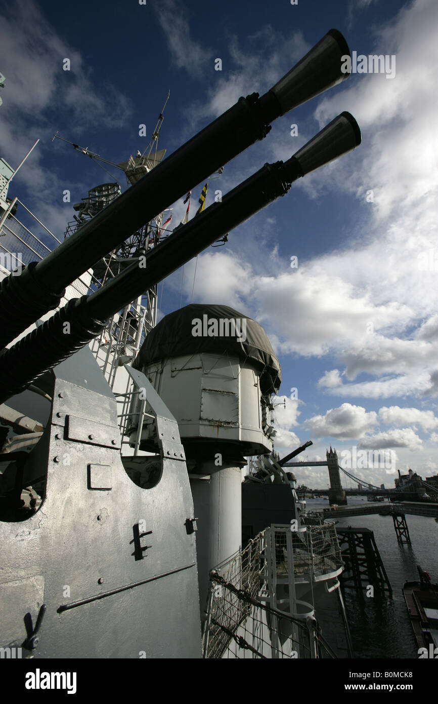 City of London, England. Anti aircraft guns on the ex Royal Navy ...