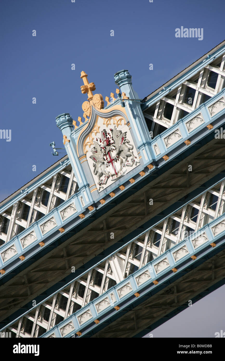 City of London, England. Close-up angled view of the Tower Bridge high ...